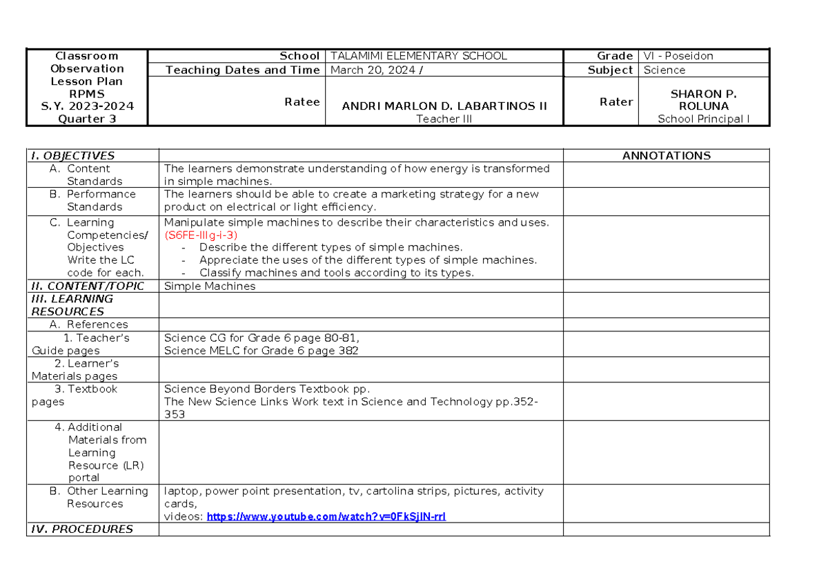 Science 6 Lesson Plan: Simple Machines for Classroom Observation 3 SY ...
