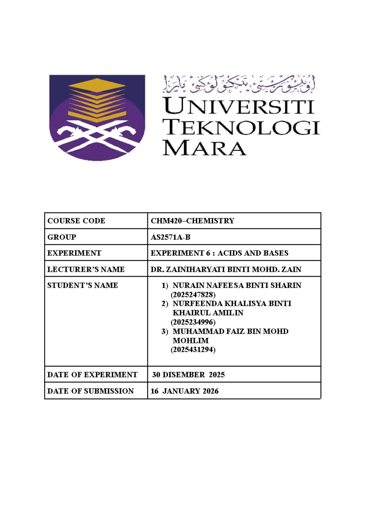 LAB Report: Practical 6 - Acids and Bases (CHM420) - Studocu