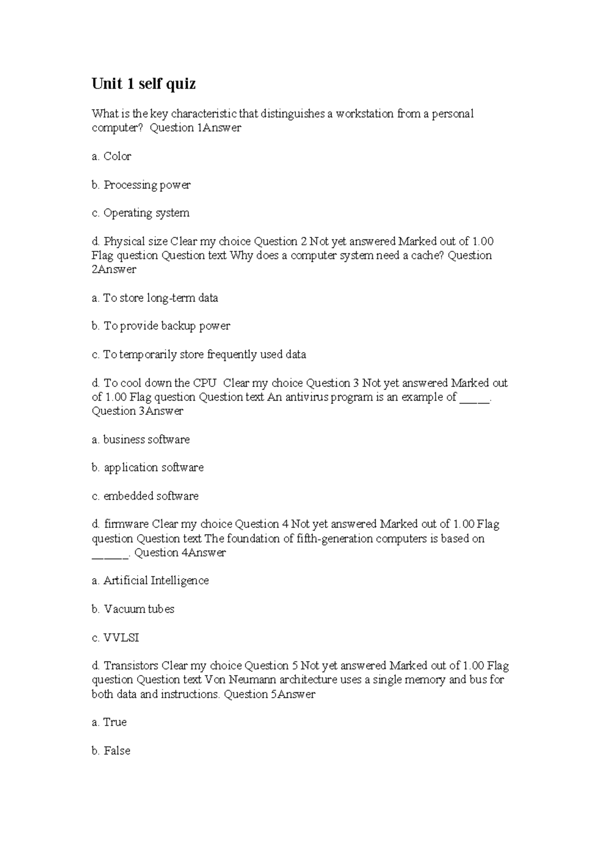 Unit-Level Self-Quizzes for CS Concepts (Units 1-5) - Studocu