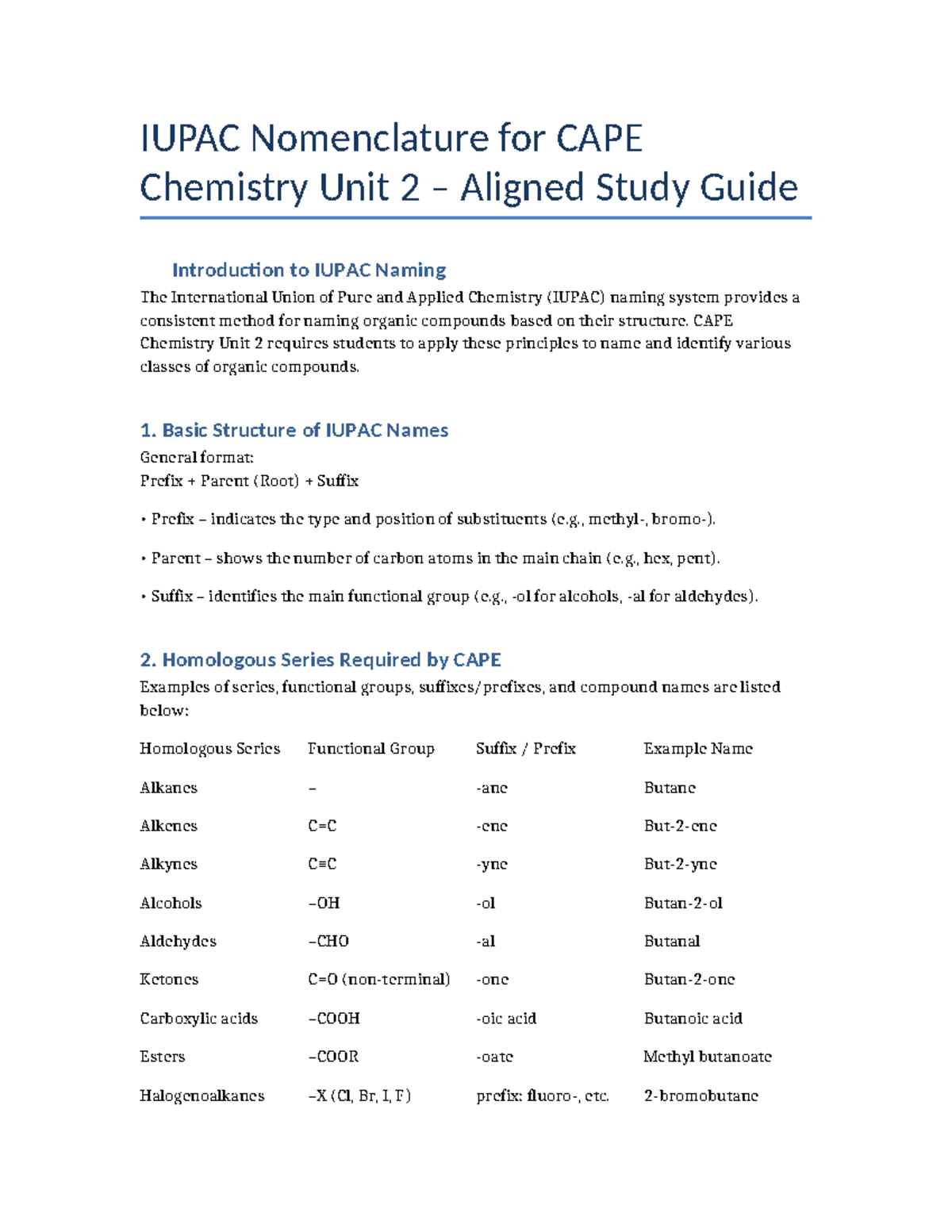 IUPAC Nomenclature Study Guide for CAPE Chemistry Unit 2 - Studocu