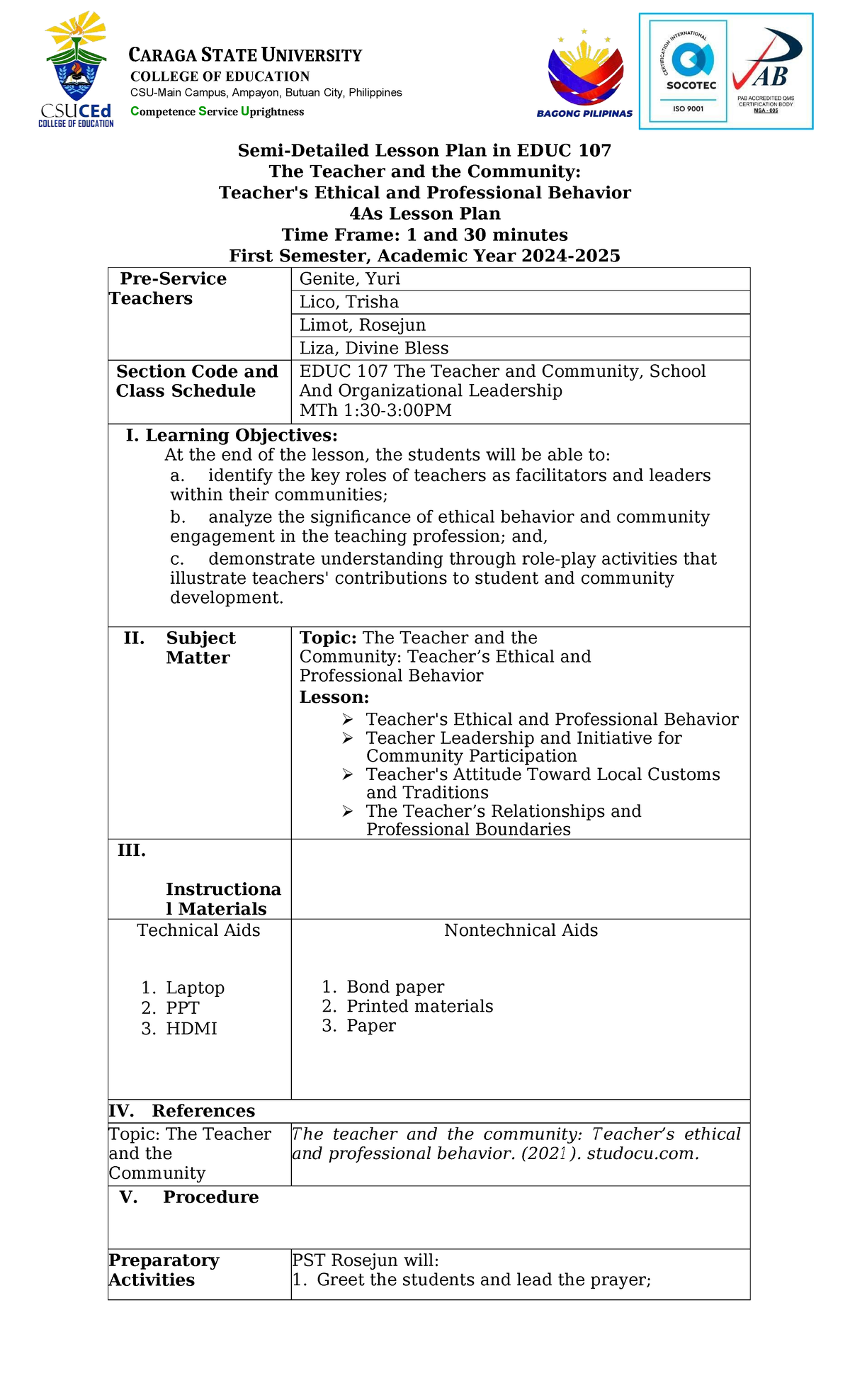 EDUC 107 LP - N/A - COLLEGE OF EDUCATION CSU-Main Campus, Ampayon ...