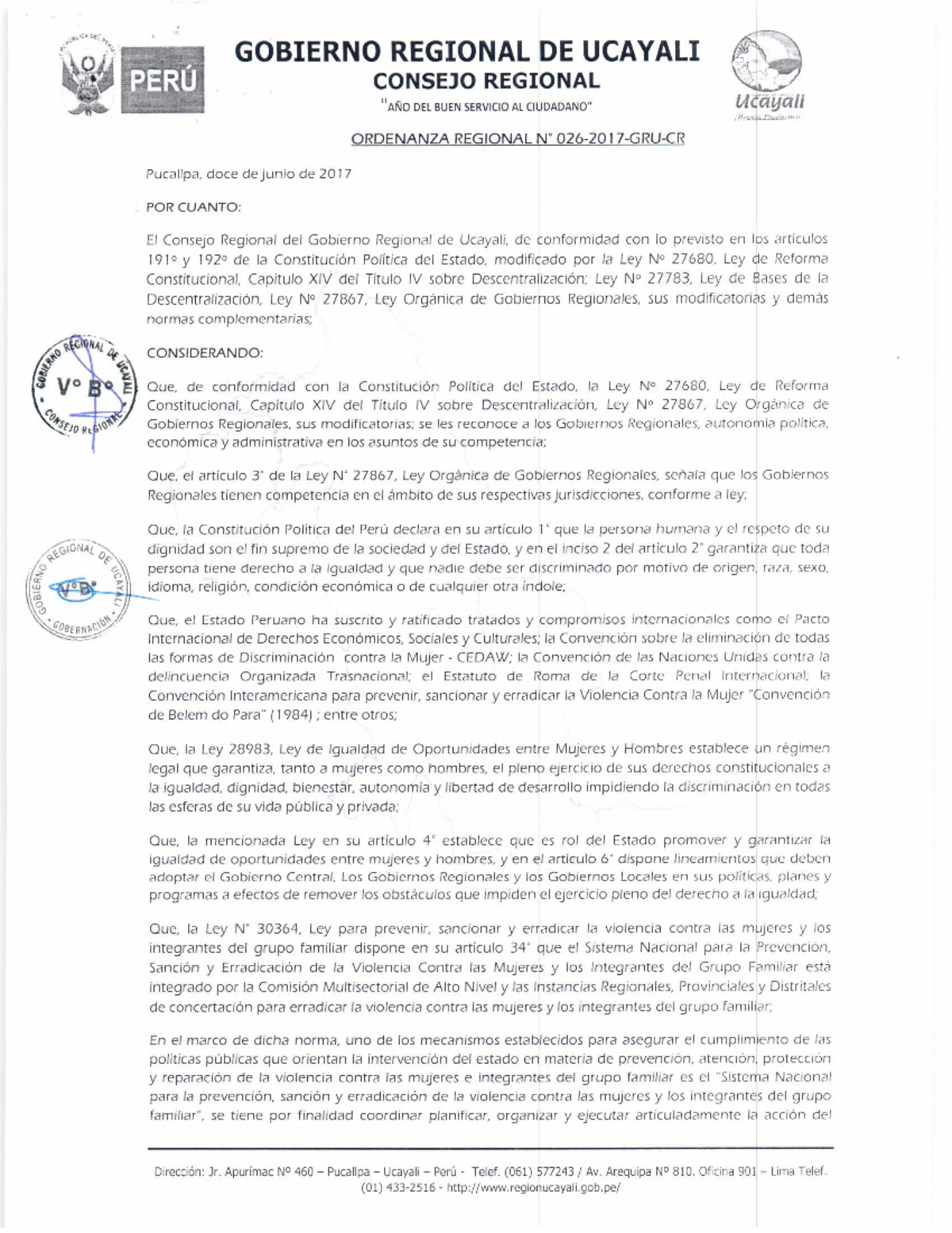 Ordenanza Regional Nro 0026 - 2017-GRU-CR. - GOBIERNO REGIONAL DE ...