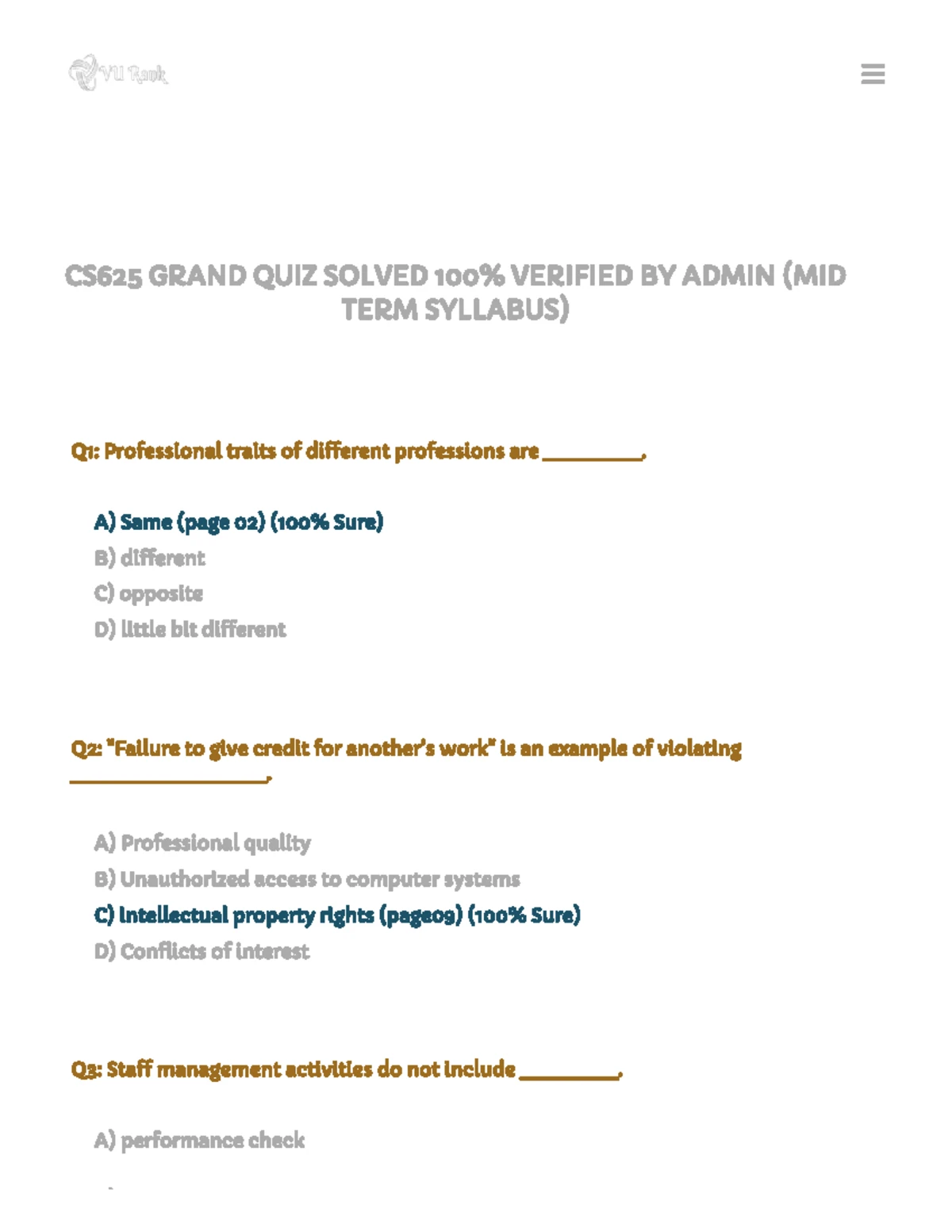 CS625 Quiz-1 By Vu Topper RM - CS- 625 Professional Practices Update MCQS For Quiz-1 File Solve ...