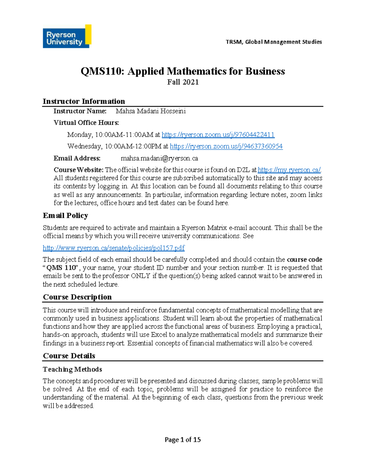 QMS110: Applied Mathematics for Business Course Outline - Fall 2021 ...