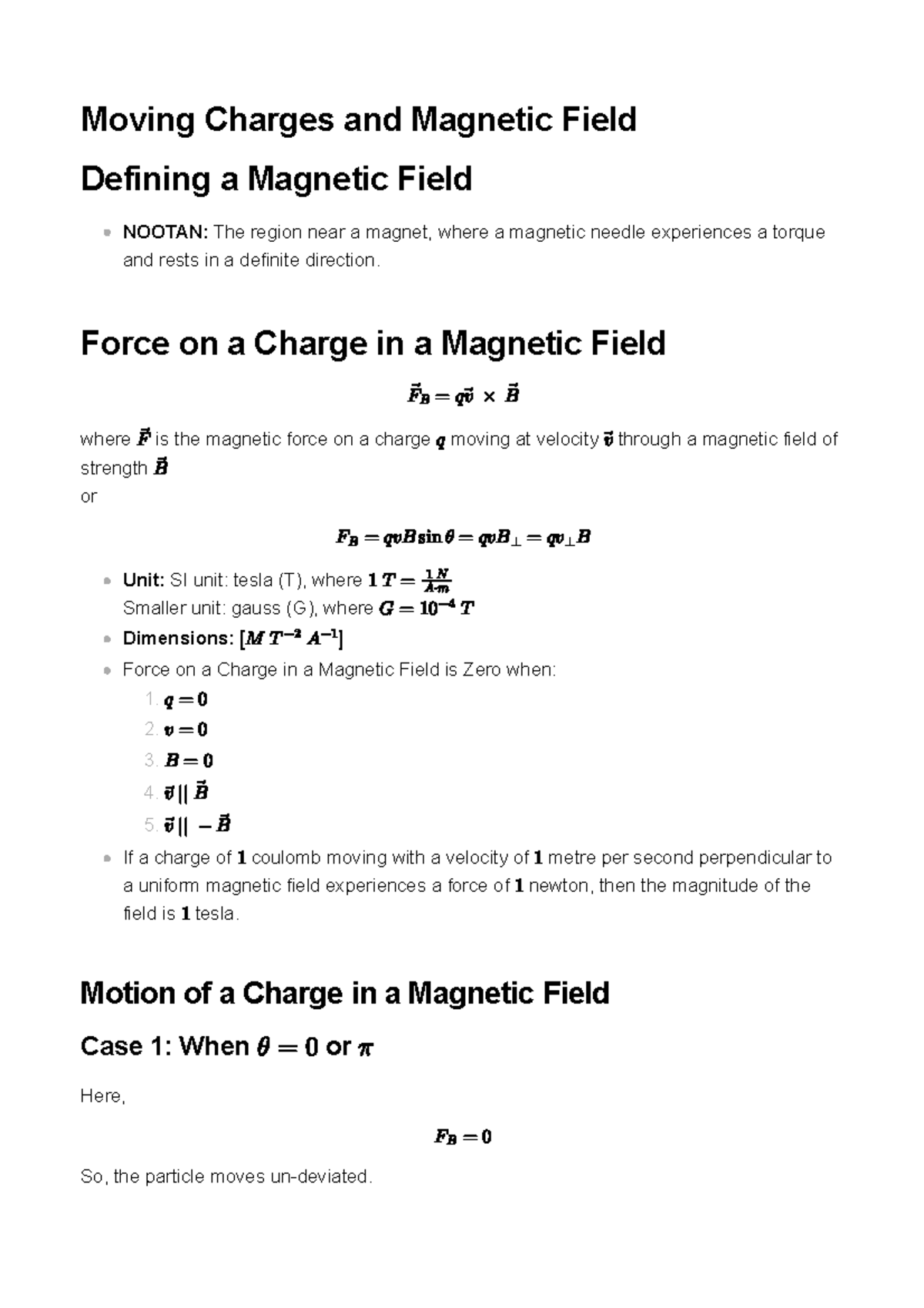 Moving Charges and Magnetic Fields - Class 12 JEE Notes - Studocu