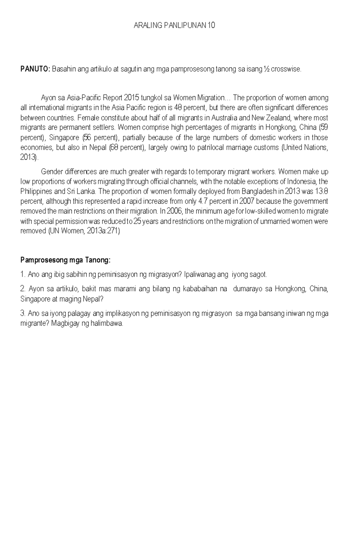 Ap 10 activity (DEcemebr 12,2022 - ARALING PANLIPUNAN 10 PANUTO ...