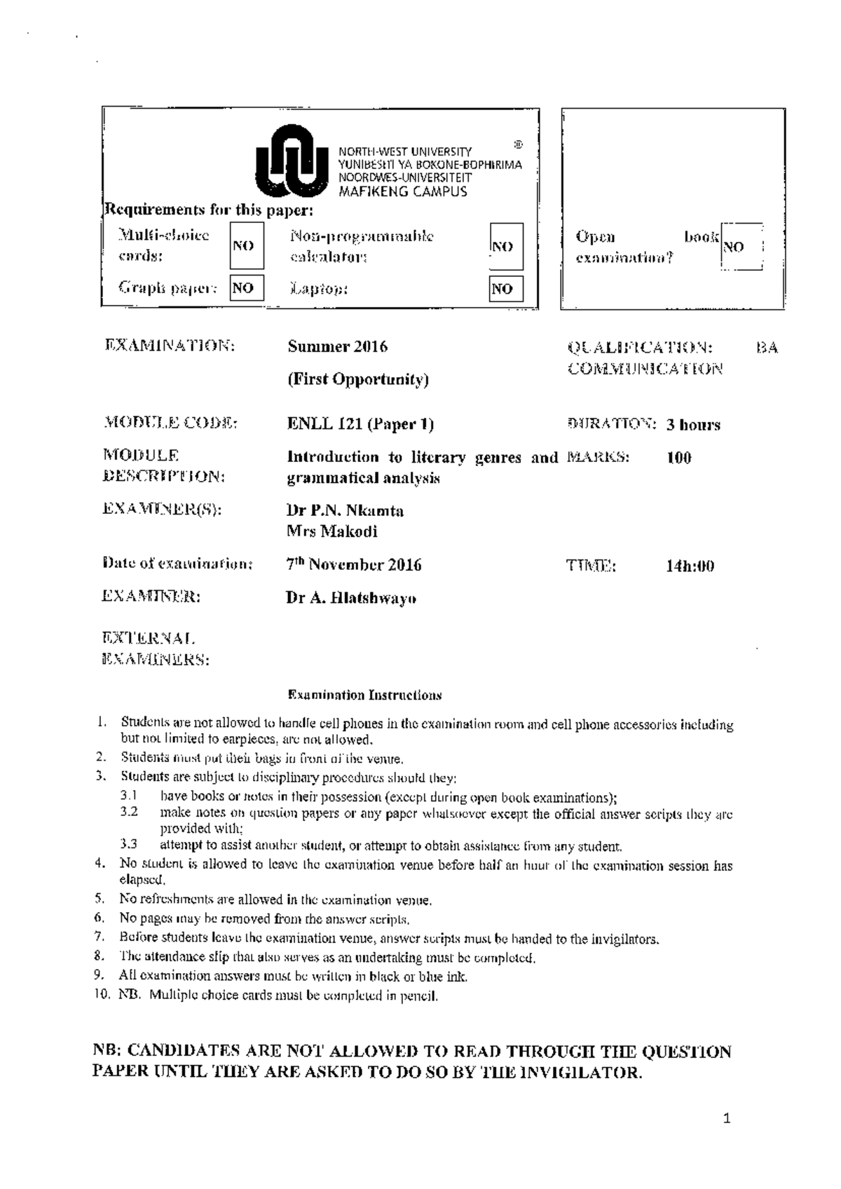 ENLL 121 - Past Exam Paper for Summer 2016 (Practice) - Studocu