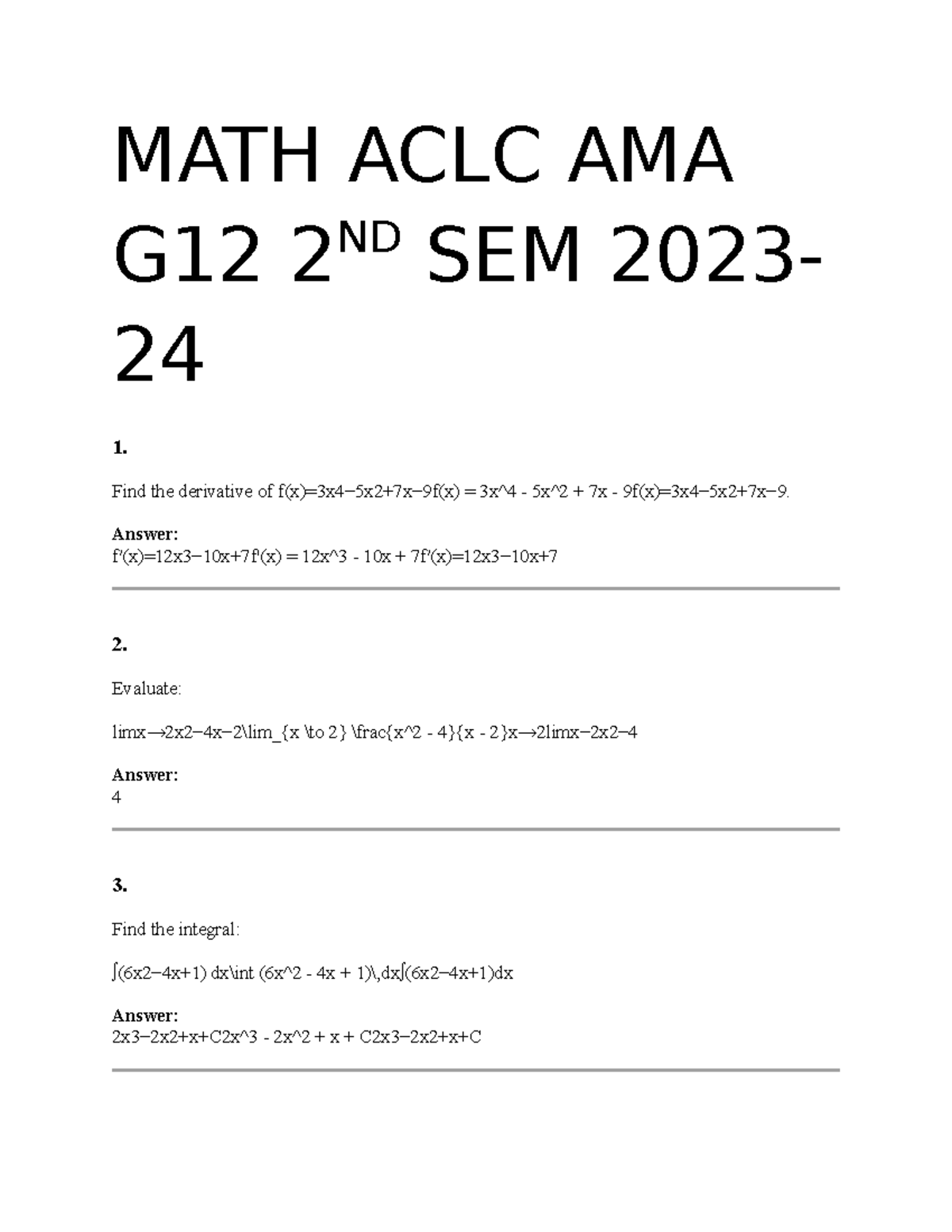 MATH ACLC AMA G12 2ND SEM 2024 Derivatives and Integrals Practice - Studocu