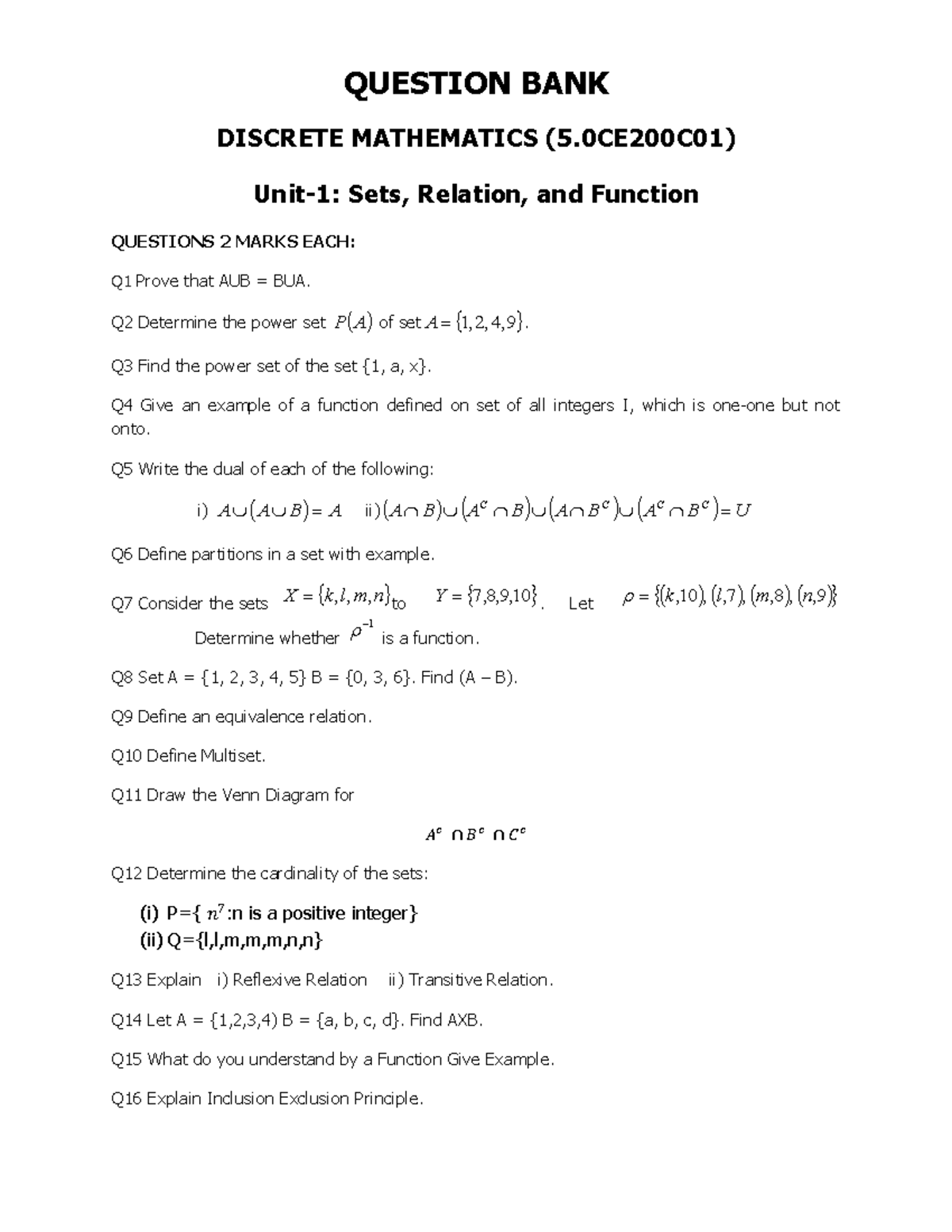 Question Bank for Discrete Mathematics (5.0CE200C01): Sets, Relations ...