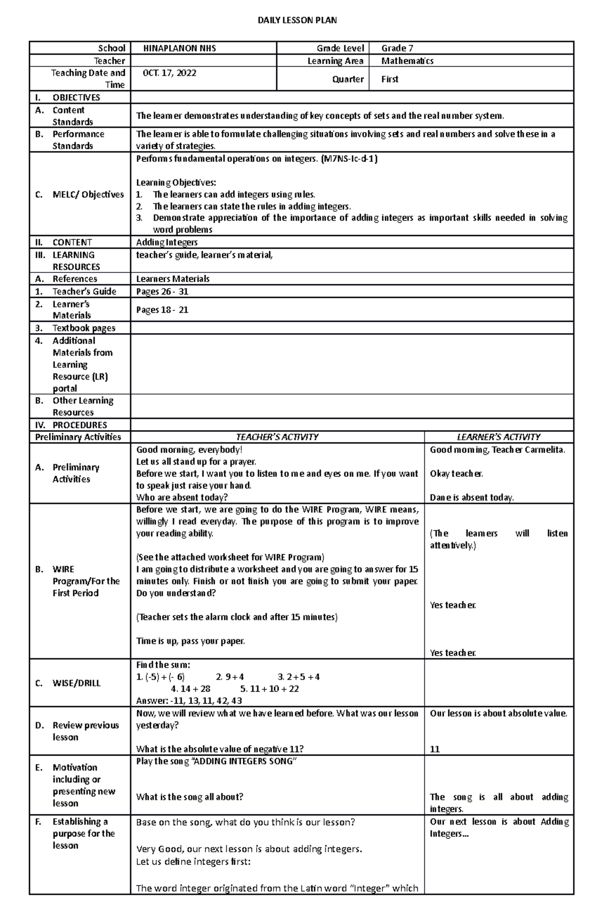 Detailed Lesson Plan Math Grade 7 - DAILY LESSON PLAN School HINAPLANON NHS Grade Level Grade 7 ...
