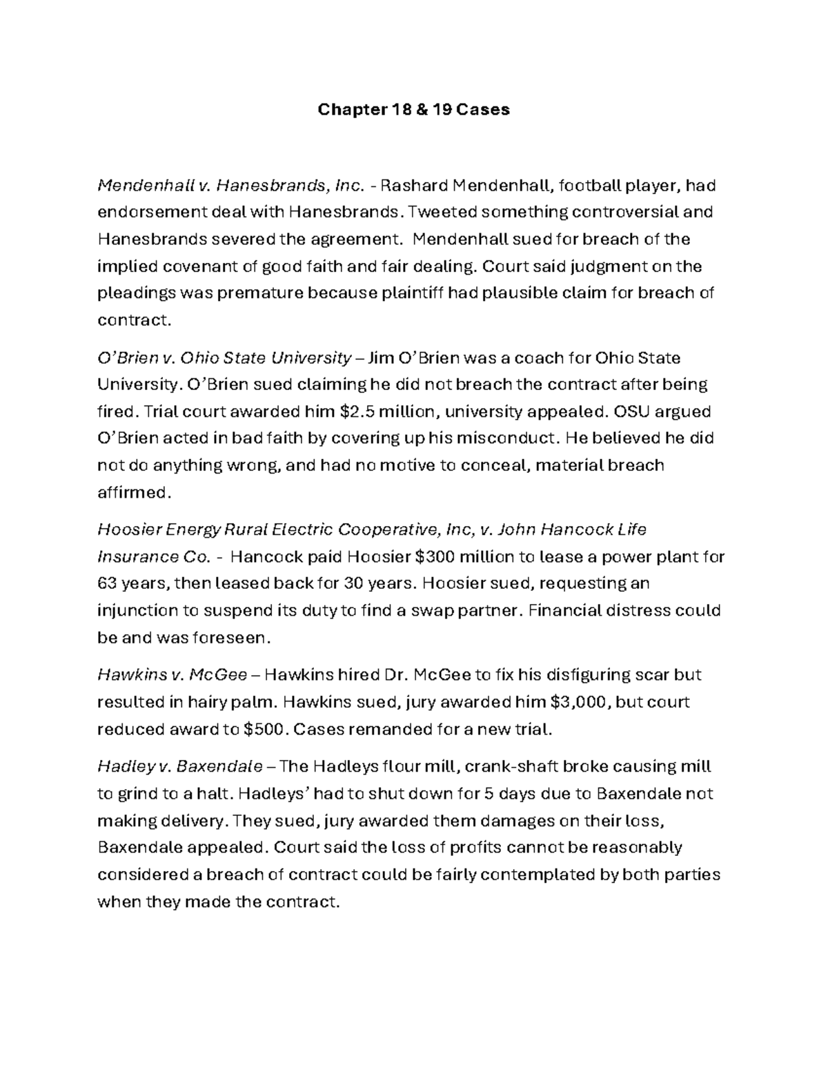 Chapter 18 & 19 Case Summaries: Mendenhall v. Hanesbrands & More - Studocu