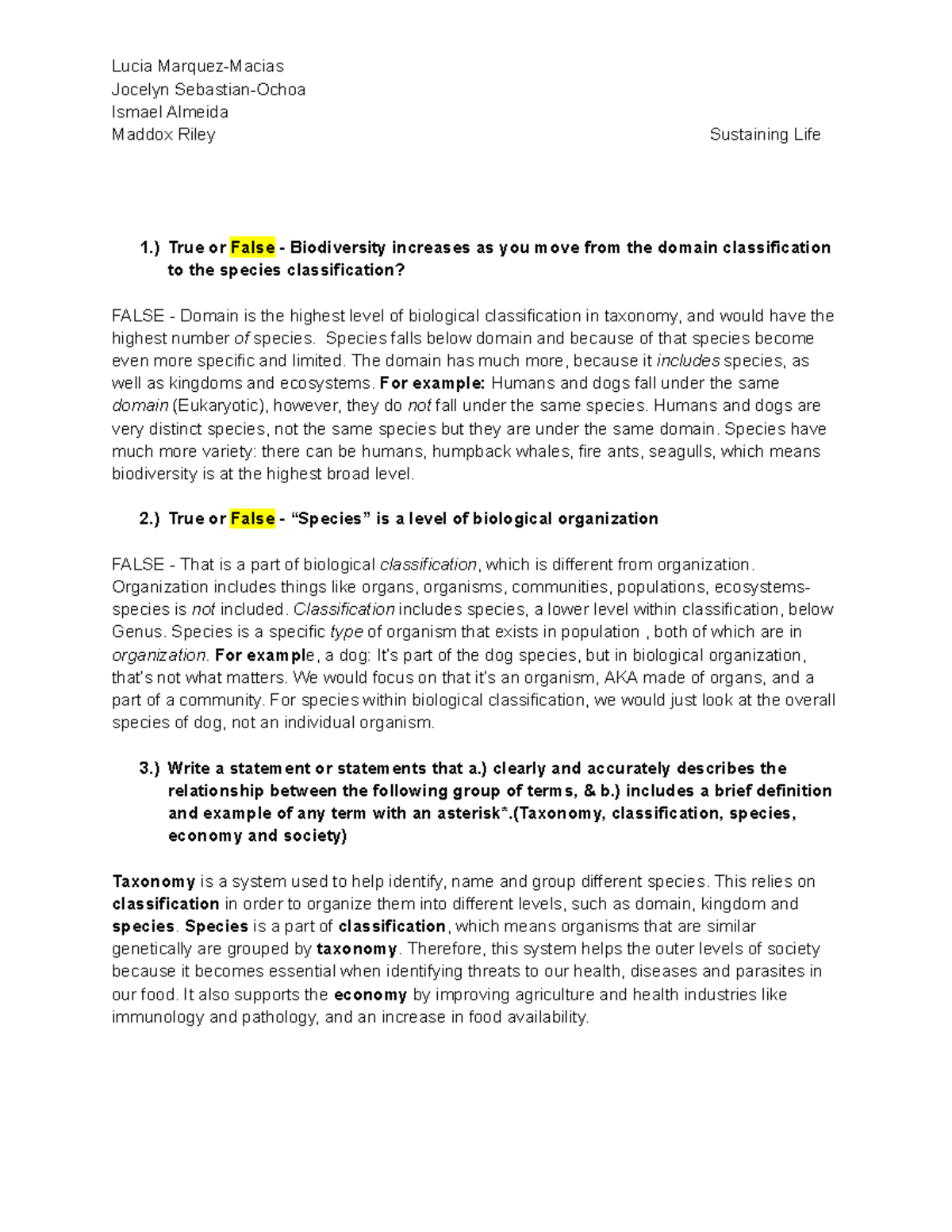 Biology Course: Team Quiz #4 on Taxonomy & Biodiversity - Studocu