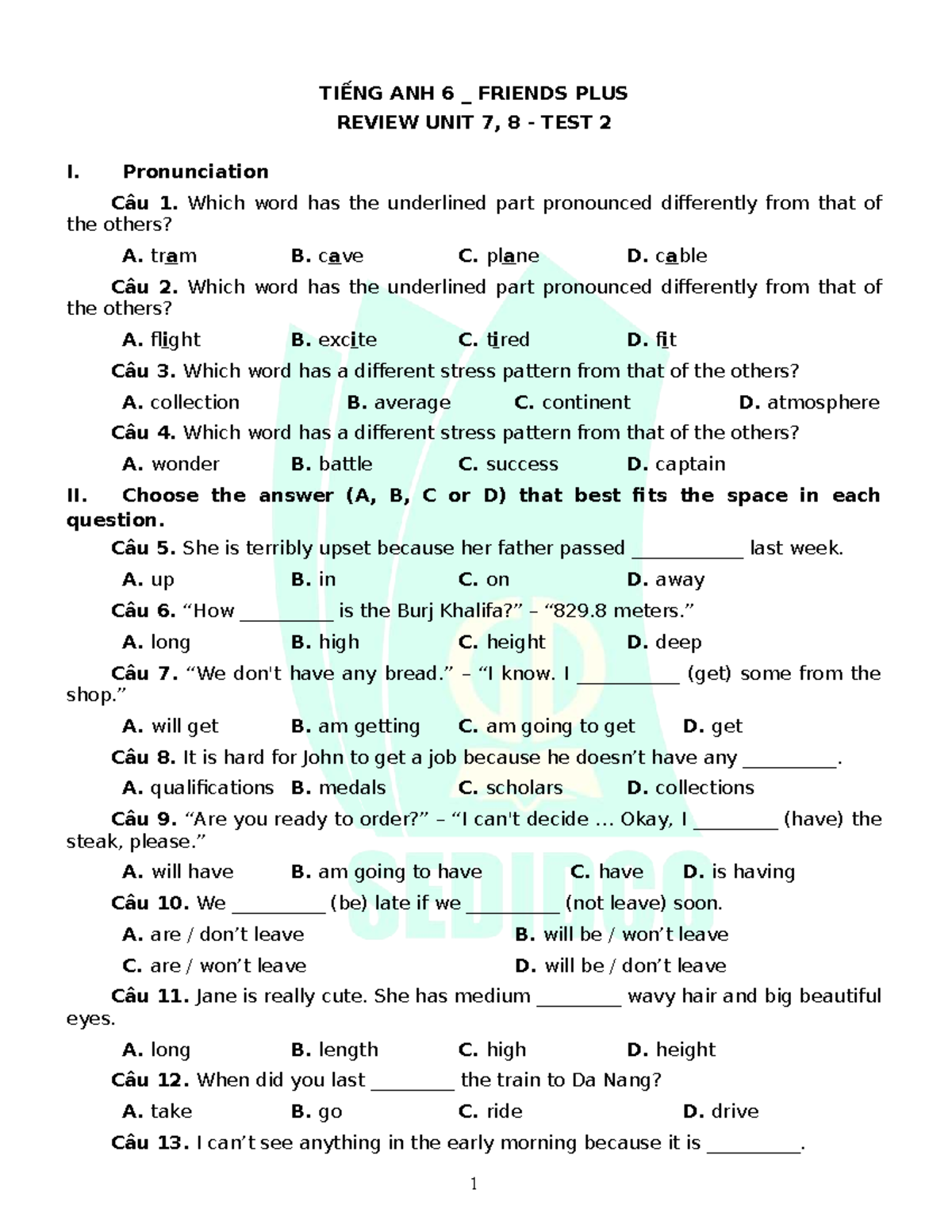 Tieng Anh 6 Friends Plus - Review Unit 7&8 - Test 2 - TIẾNG ANH 6 ...
