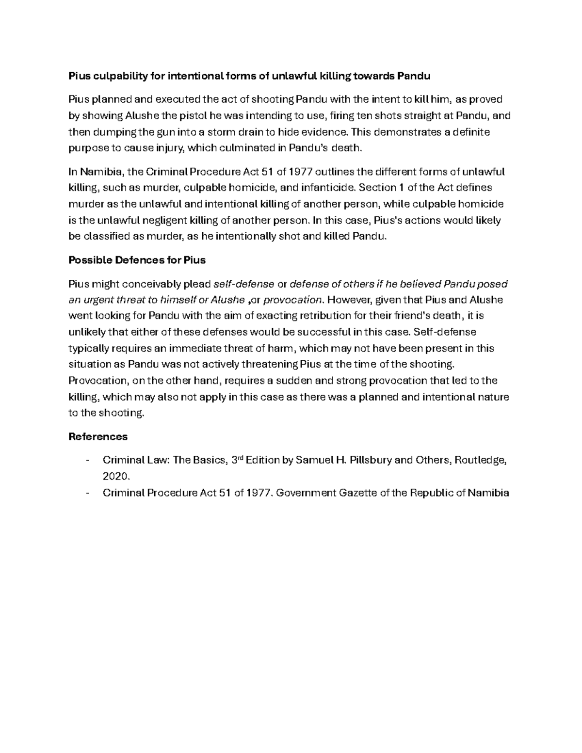 Criminal Law 1: Pius's Intentional Killing of Pandu - Assignment ...