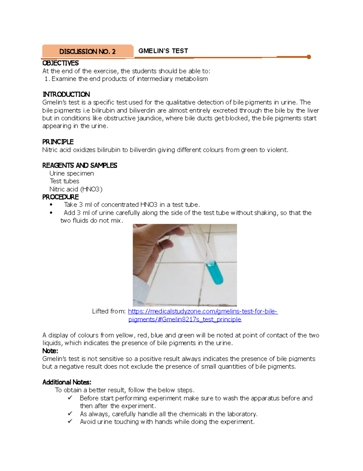 Gmelin's Test: Detection of Bile Pigments in Urine for BIOCHEMISTRY 101 ...