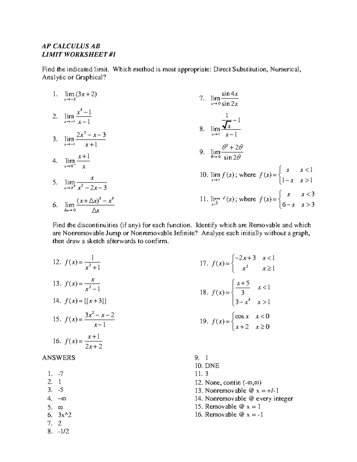 AP CALCULUS AB LIMIT WORKSHEET: Methods & Discontinuities Analysis ...