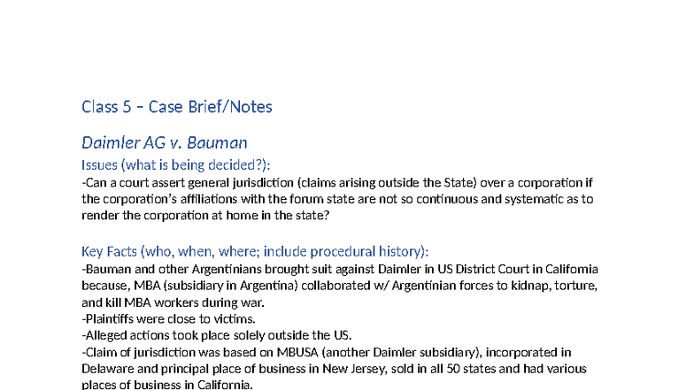 Class 5 Case Brief: Daimler AG v. Bauman, BMS, & Ford Motor Co. - Studocu