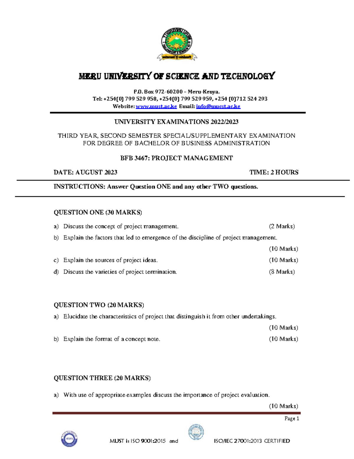 BFB 3467 Project Management - Page 1 MUST is ISO 9001:2015MUST is ISO ...