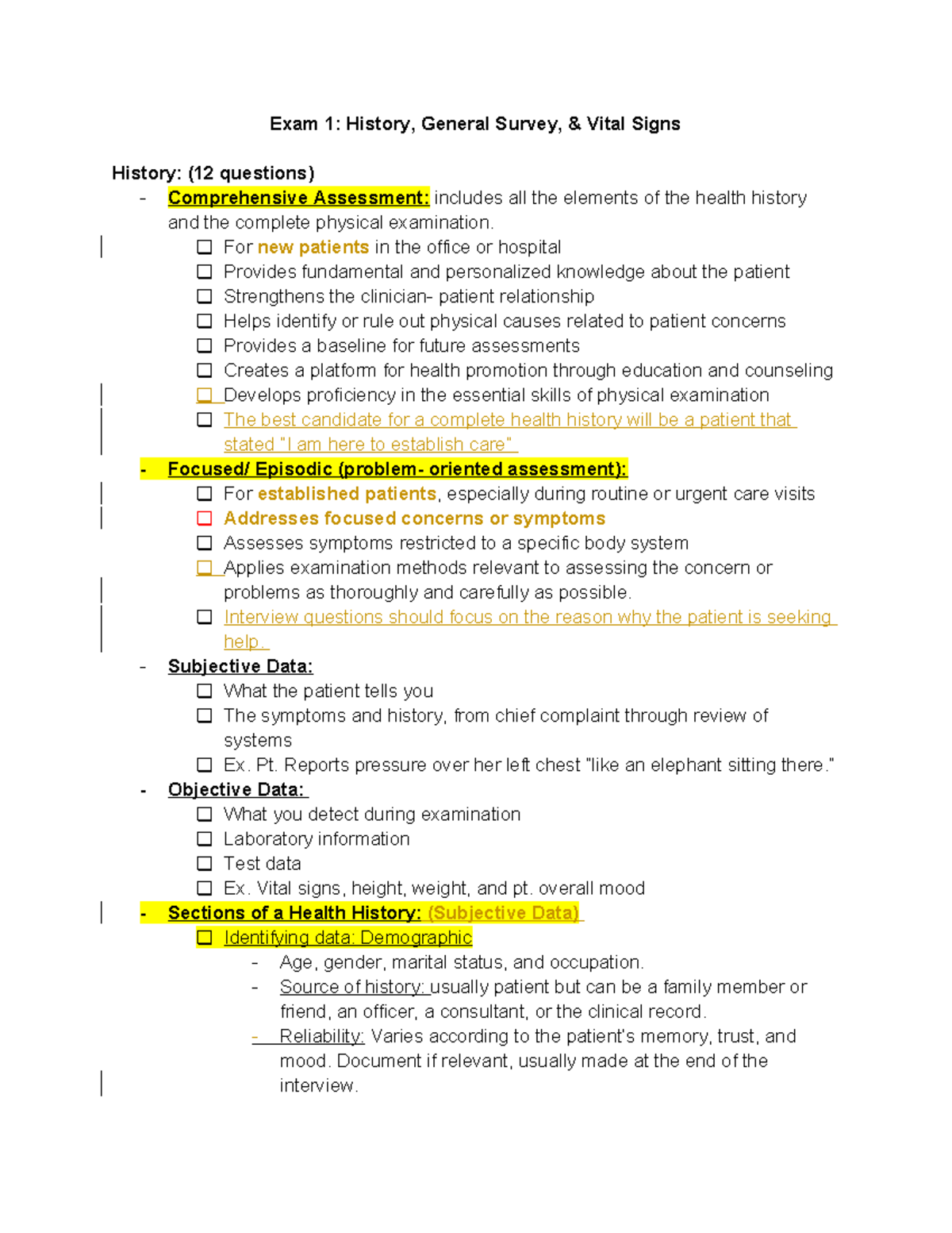 Exam 1: Comprehensive Health History, General Survey & Vital Signs ...