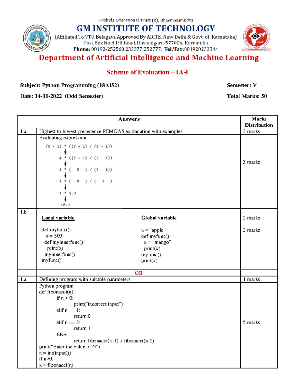 Python 18AI52 IA1 Scheme - Scheme of Evaluation – IA-I Subject: Python ...