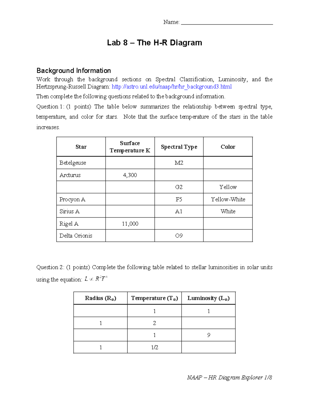 Lab 8 NAAP H-R Diagram Assignment Sheet: Analyzing Star Properties ...