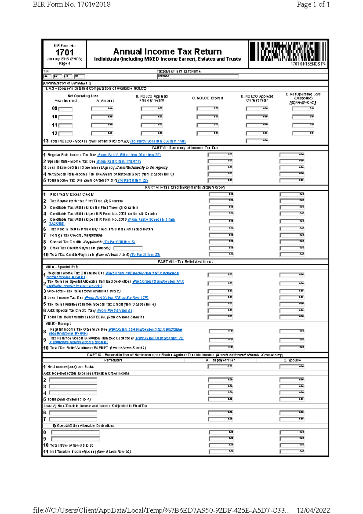 ITR2021P4 - Annual Income Tax Return & NOLCO Computation Guide - Studocu
