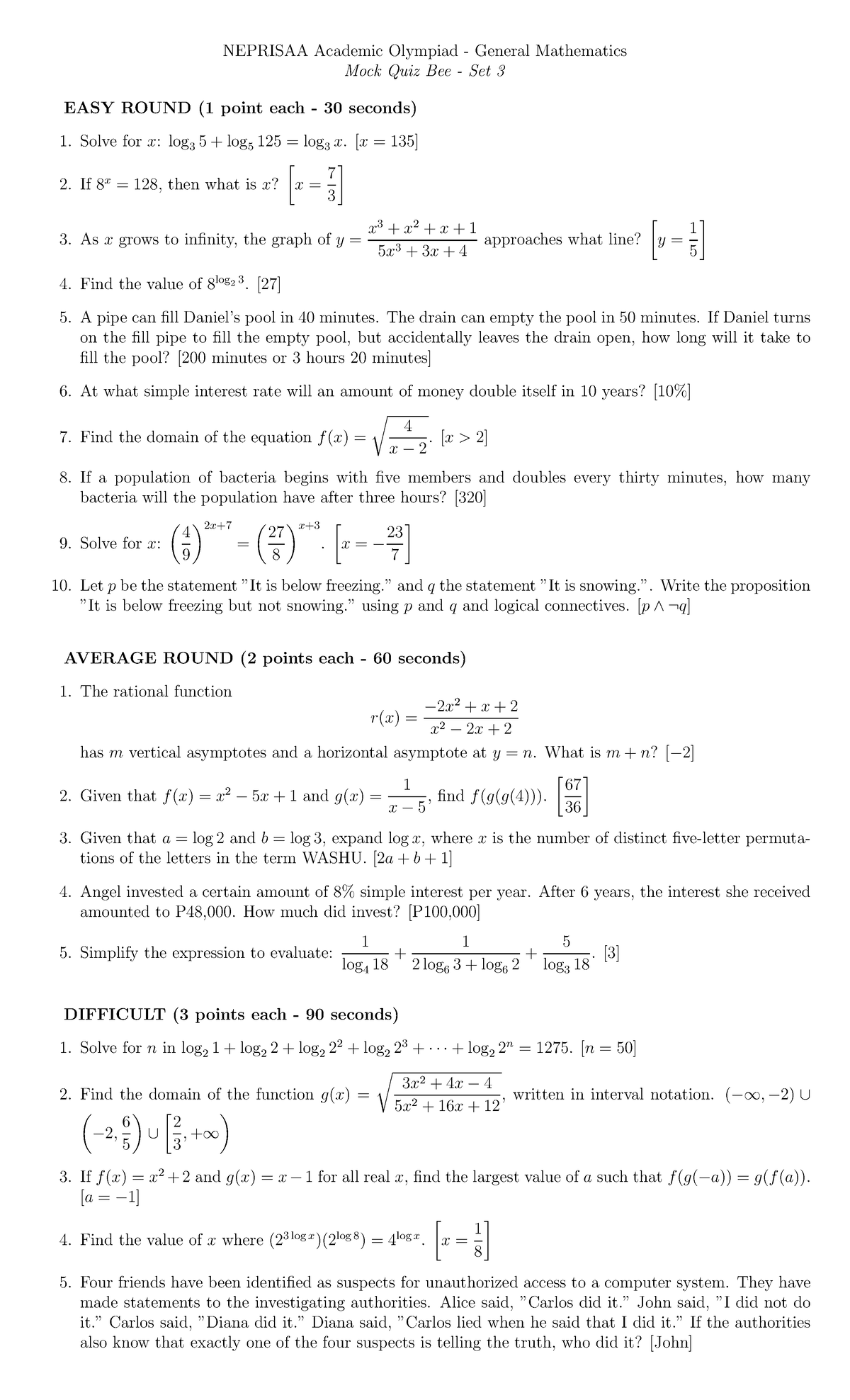 NEPRISAA Academic Olympiad General Math Mock Quiz Bee Set 3 - Studocu