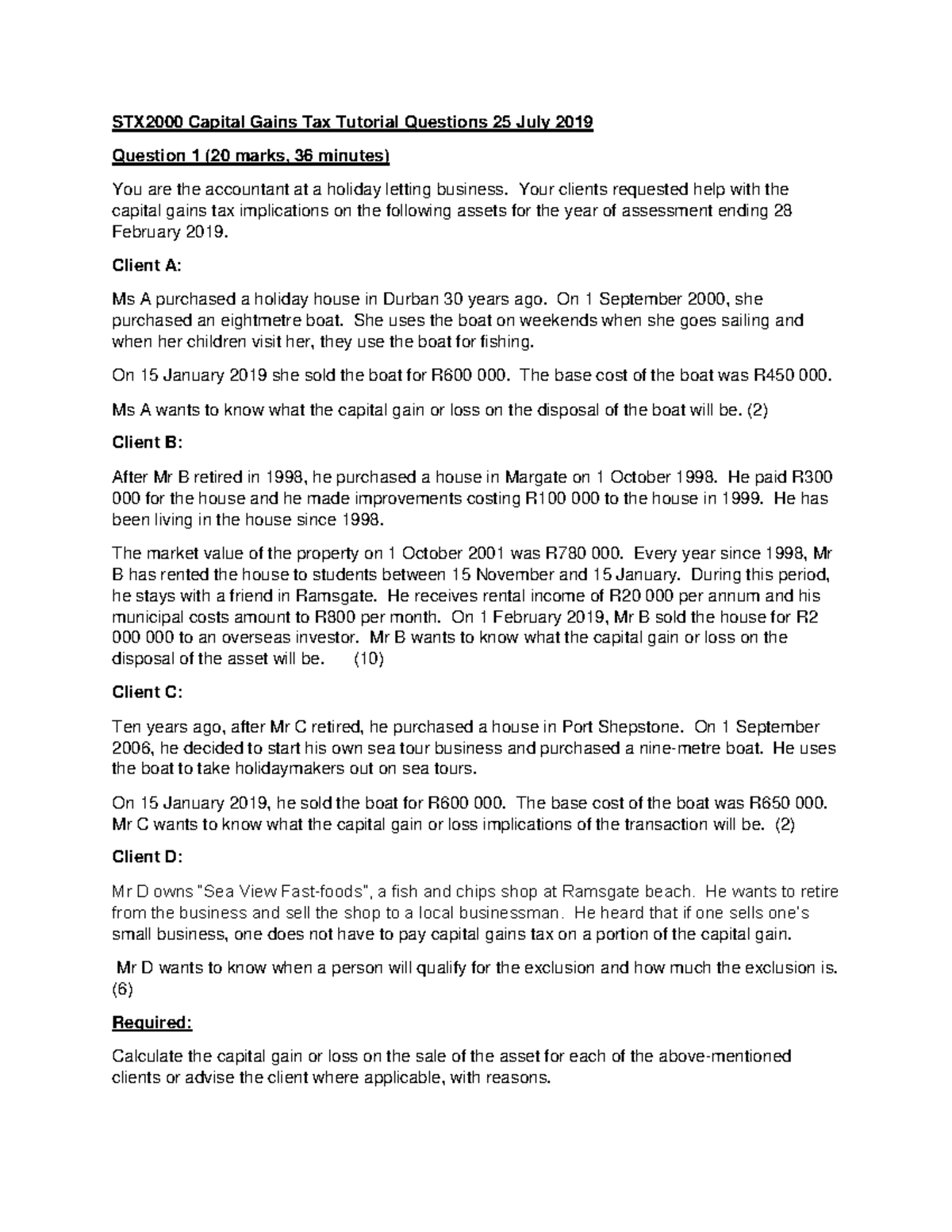 Capital Gains Tax Tutorial 1: Questions & Solutions - Studocu