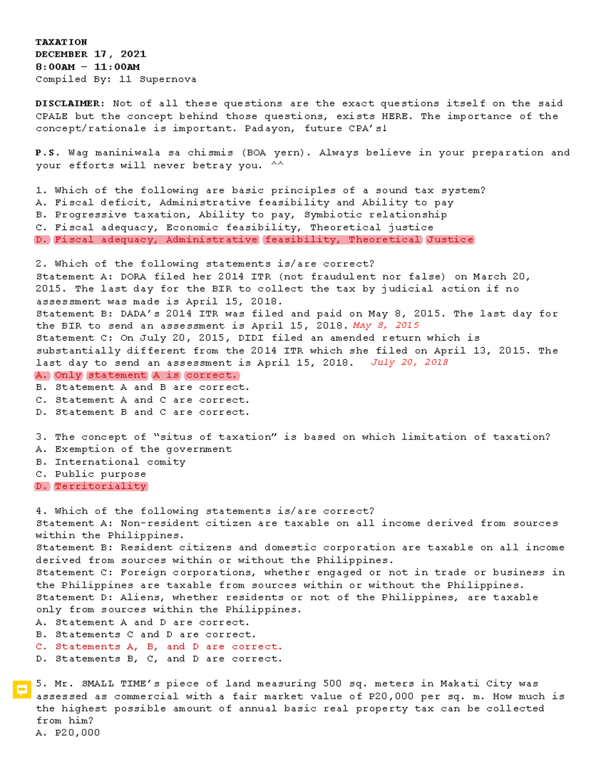 TAX 2021 - Theories and Independent Problems - TAXATION DECEMBER 17, 2021 8:00AM – 11:00AM ...