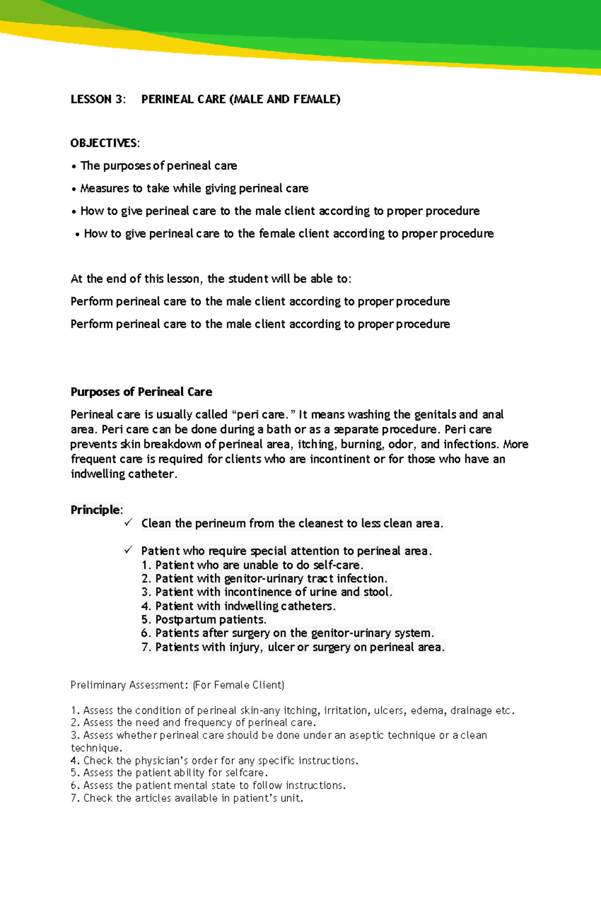 Perineal Care Guidelines: Male & Female Techniques (Module 4) - Studocu