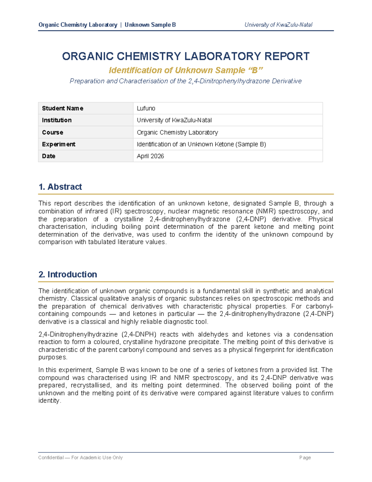 Organic Chemistry Lab Report: Identification of Unknown Sample B - Studocu