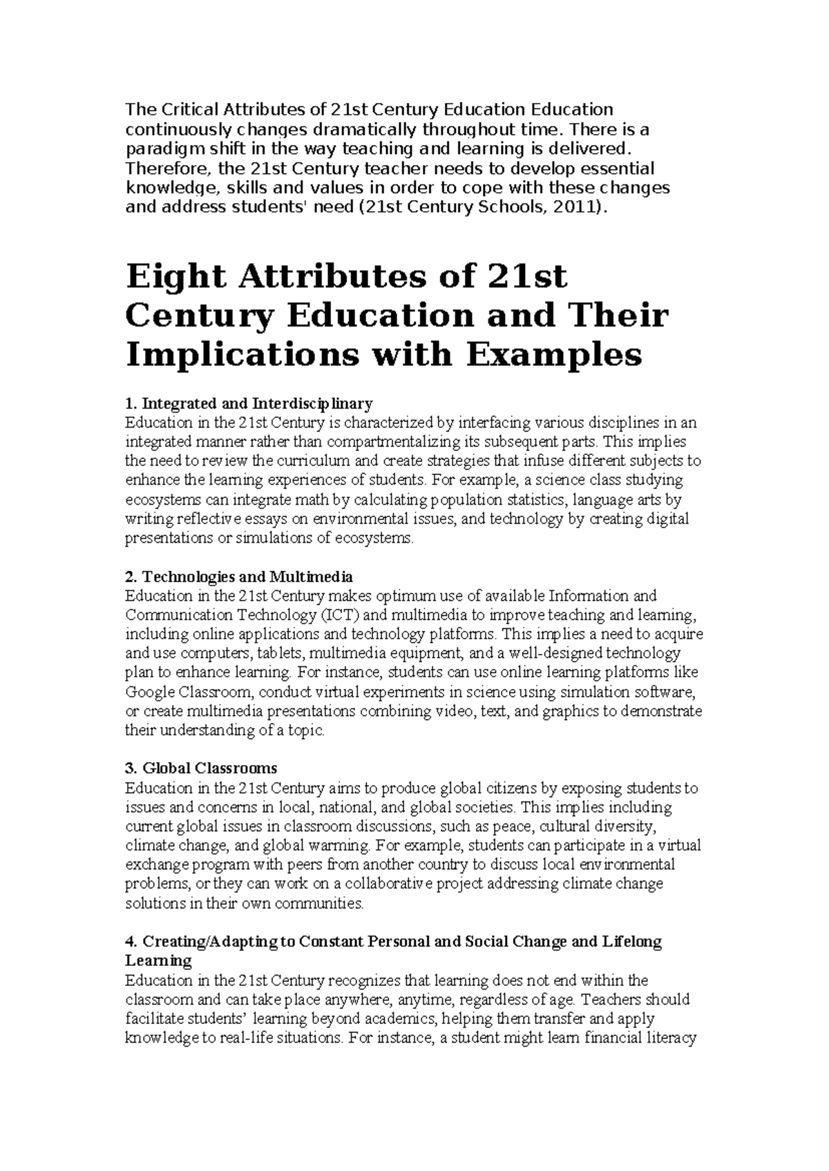 21st Century Education Attributes: Implications and Examples (EDU 101 ...