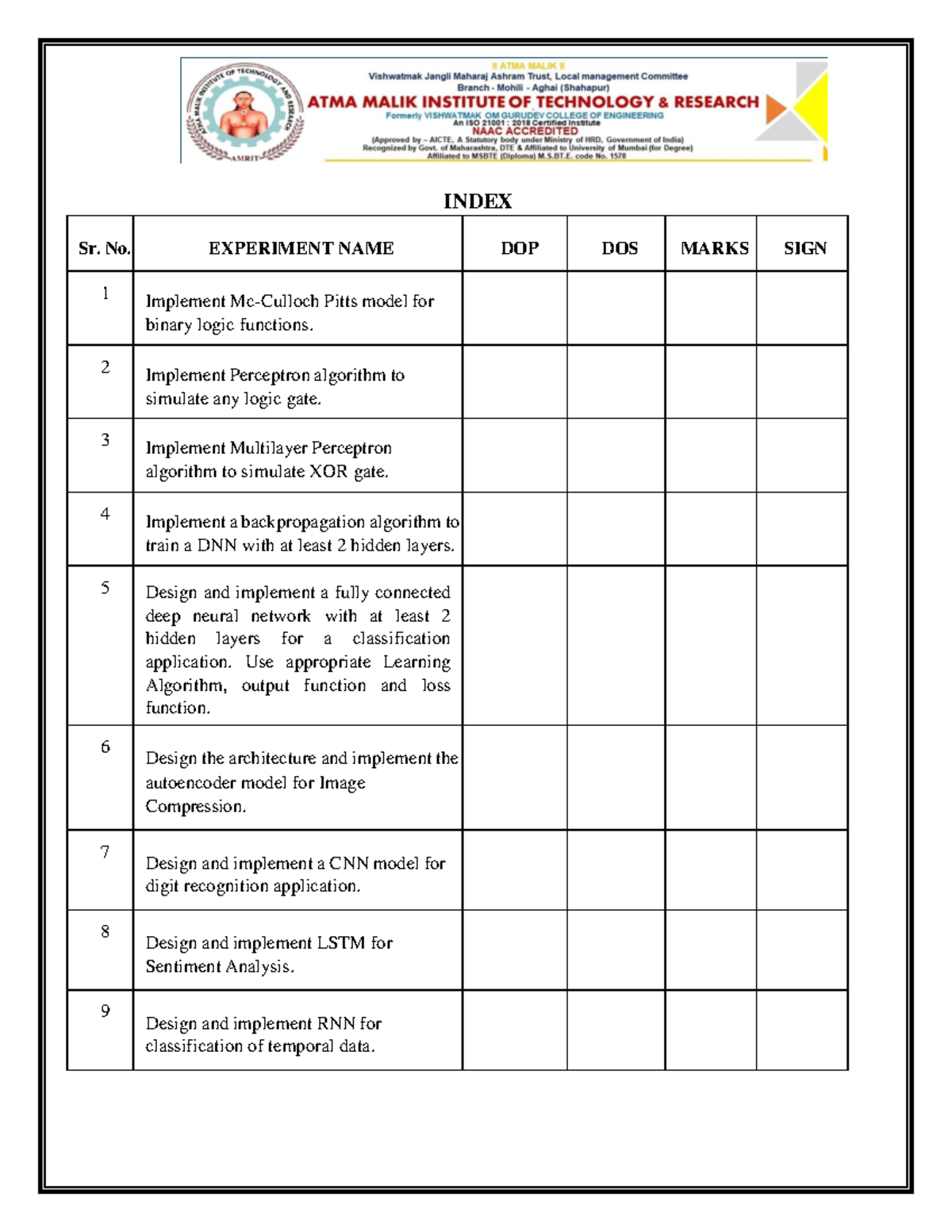DL Lab Manual: Neural Network Experiments and Implementations - Studocu