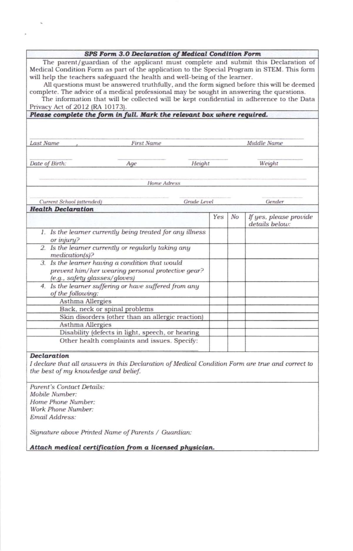 SPS Form 3 Medical Declaration for Special STEM Program Application ...