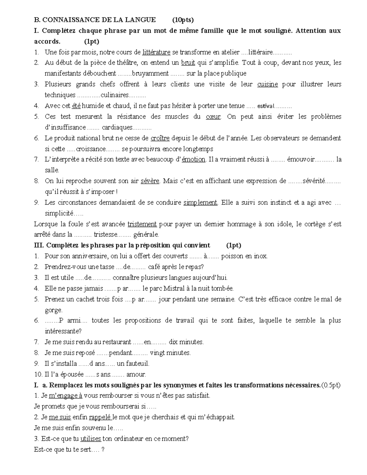 Exercices de Vocabulaire et Prépositions - Cours de Français (B ...