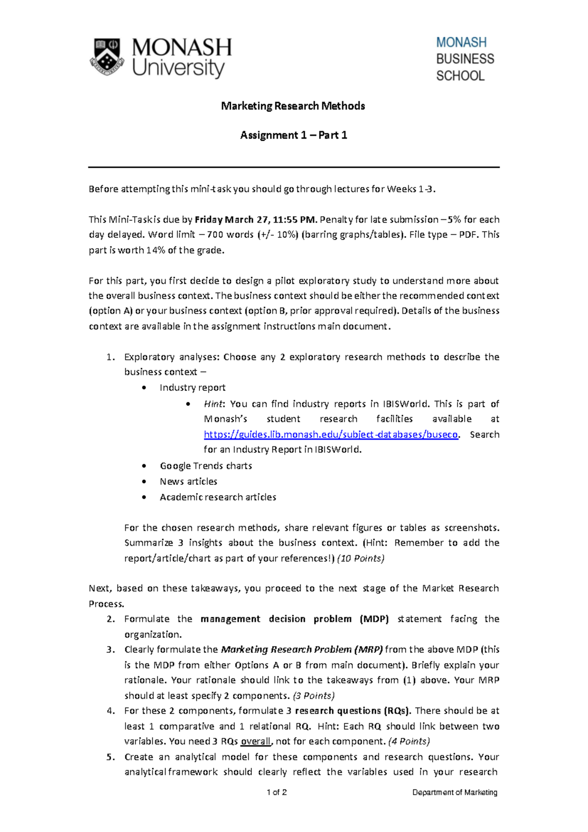MKT 101: Marketing Research Methods Assignment 1 - Pilot Study Design ...