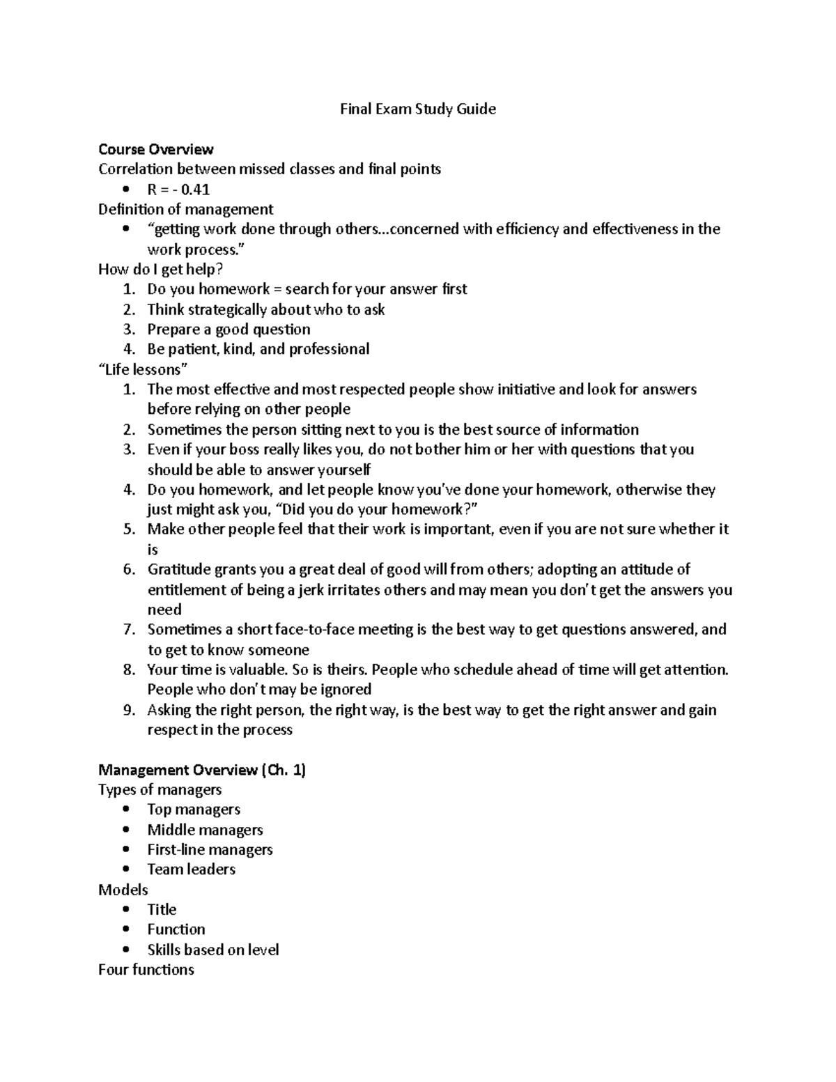Final Exam Study Guide - Summary Intro to Management - Final Exam Study ...