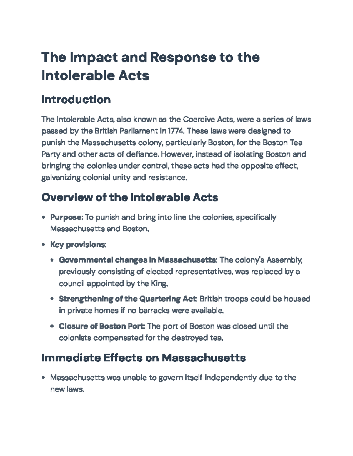 The Impact of the Intolerable Acts (HIST 101): Colonial Unity Response ...