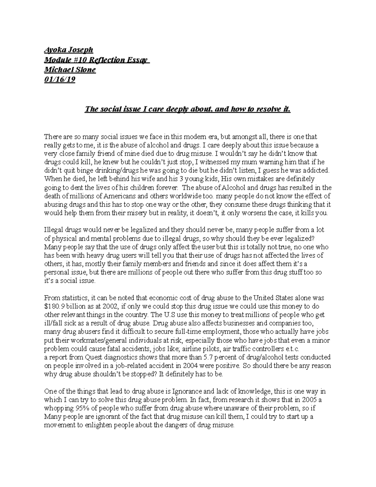 Module #10 Reflection Essay: Addressing Drug Abuse Awareness - Studocu