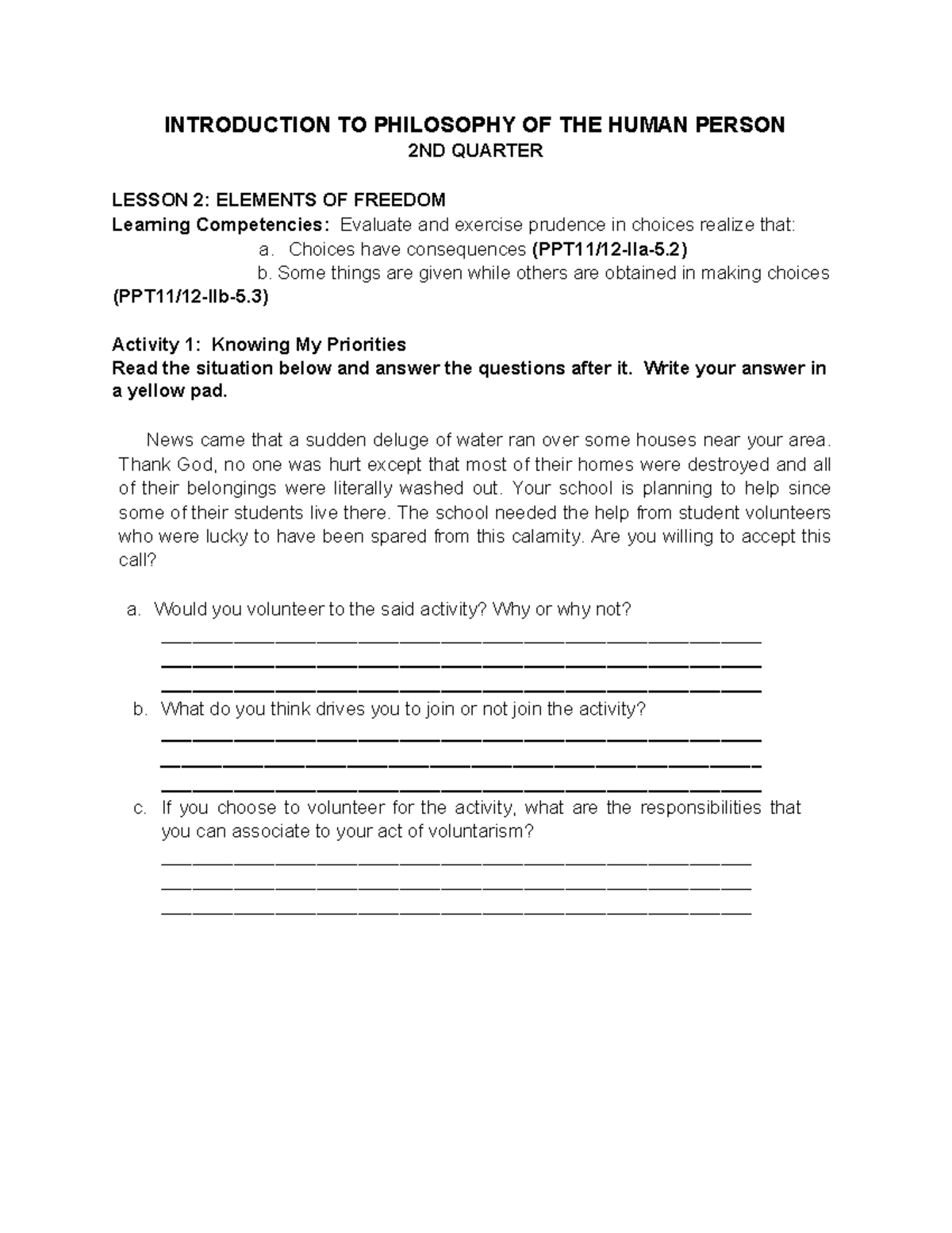 Intro to Philosophy 2nd Qtr - Lesson 2: Elements of Freedom - Studocu