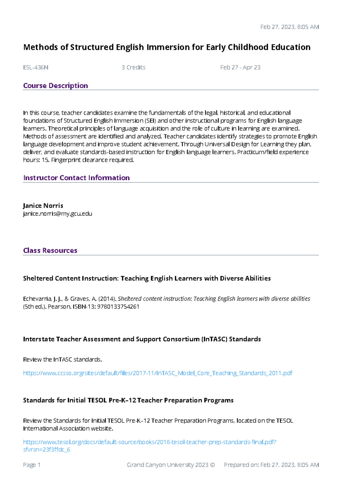 Methods of Structured English Immersion: ESL-436N Syllabus (Spring 2023 ...