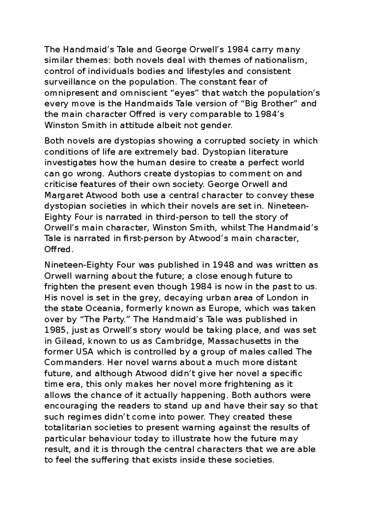 Dystopian Parallels: The Handmaid's Tale vs. 1984 Analysis - Studocu