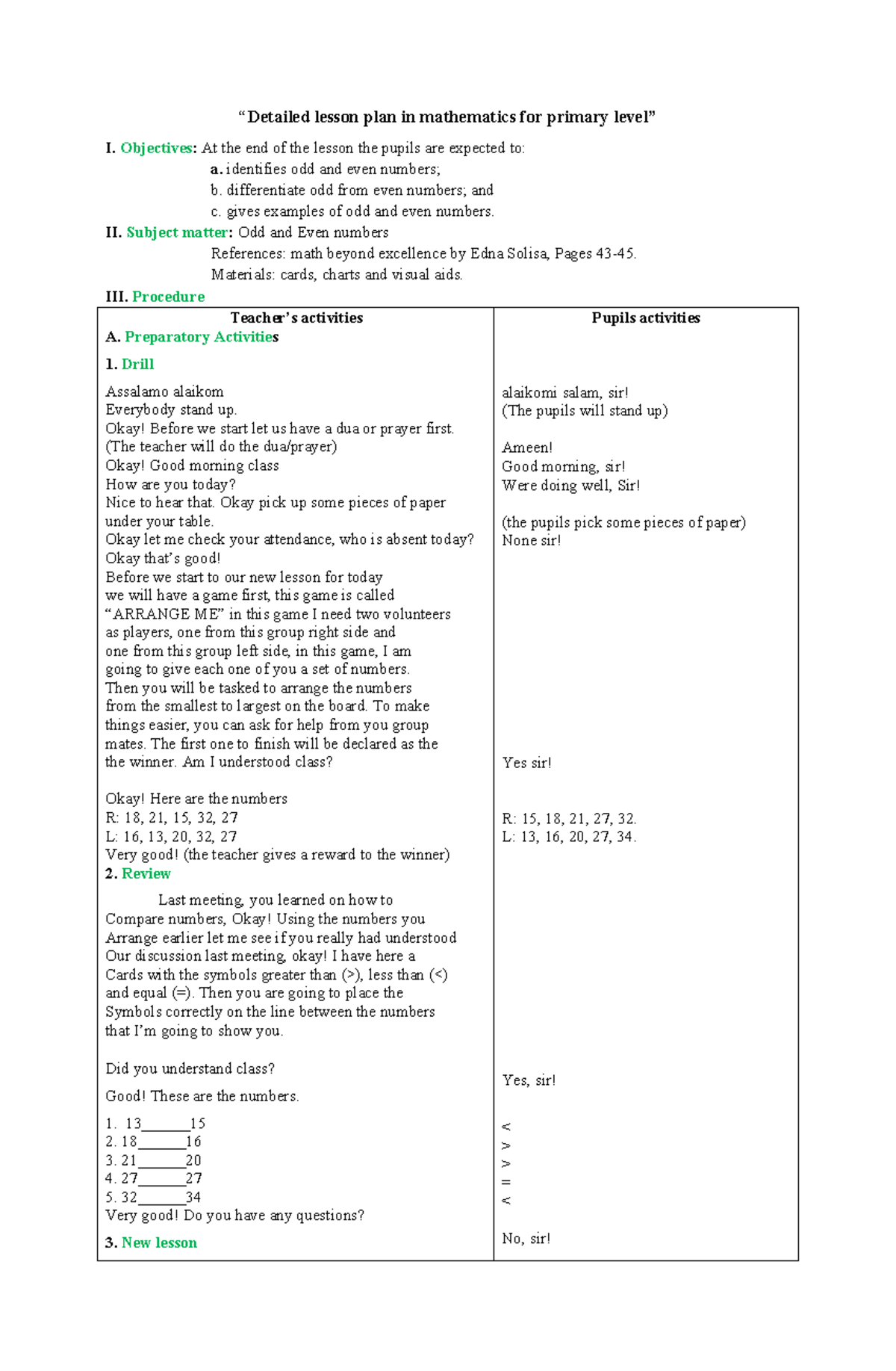 Detailed Lesson Plan: Odd & Even Numbers for Primary Level (Final ...