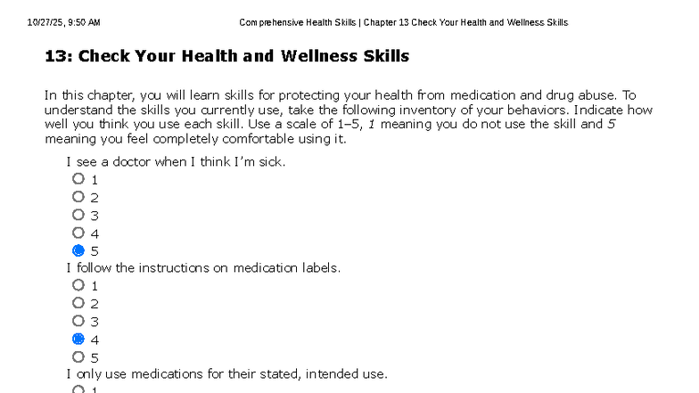 CHS 9:50 AM Chapter 13: Health & Wellness Skills Inventory - Studocu