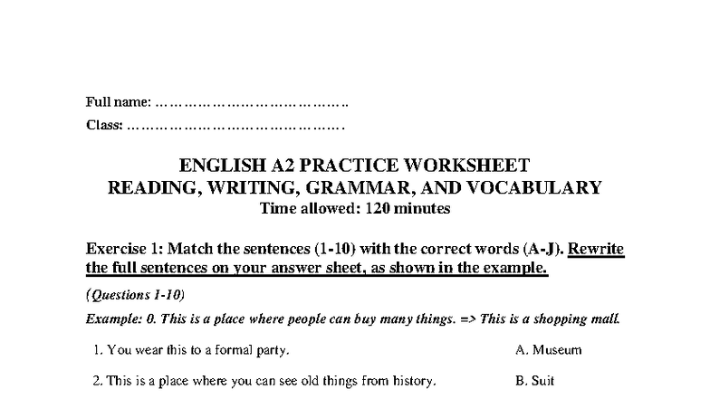 ENGLISH A2 PRACTICE WORKSHEET: READING, WRITING, GRAMMAR & VOCAB - Studocu