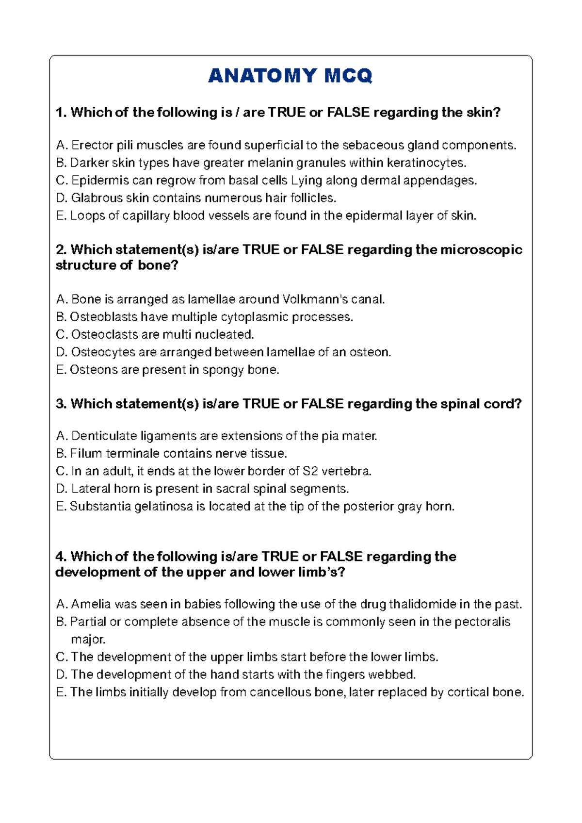 ANATOMY MCQ Practice Questions - Cat5 4th Batch - Studocu
