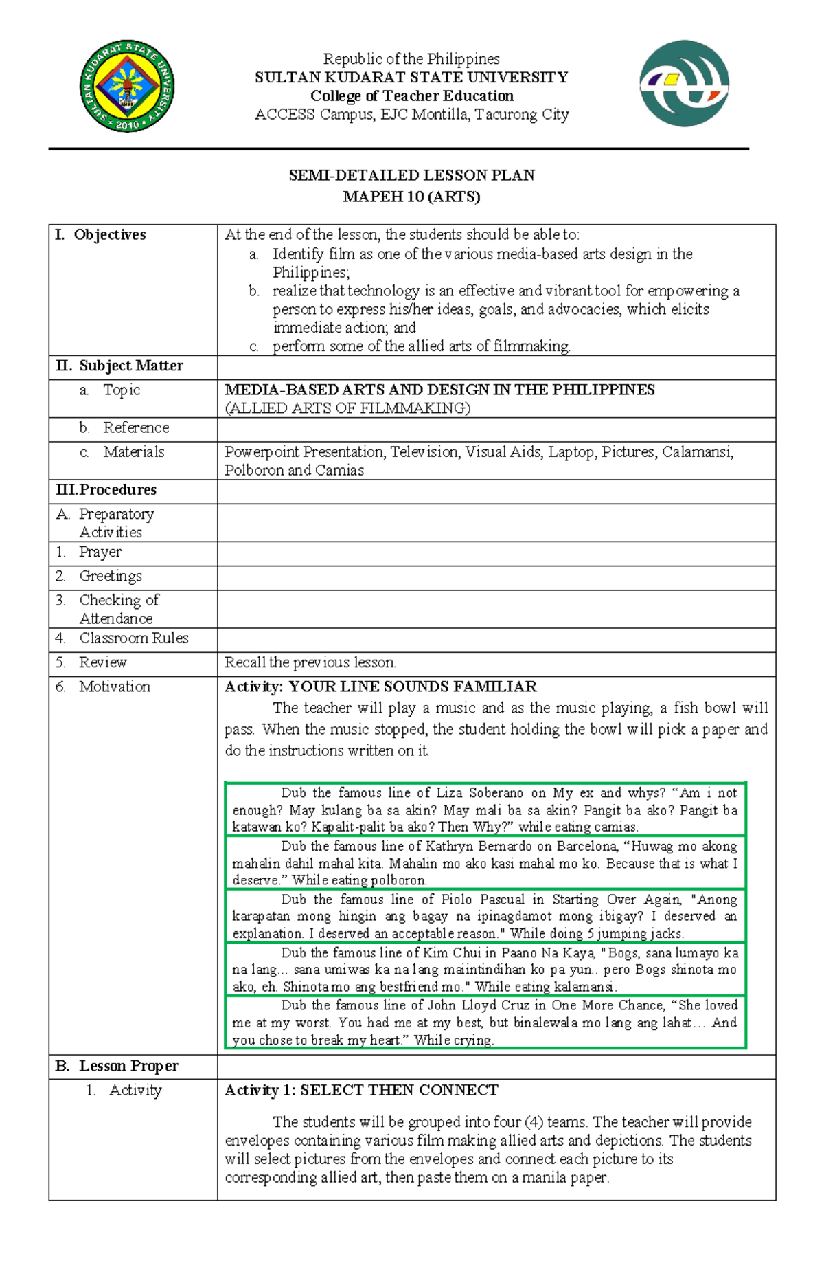 Grade 10 - FILM Lesson Plan - Republic of the Philippines SULTAN ...
