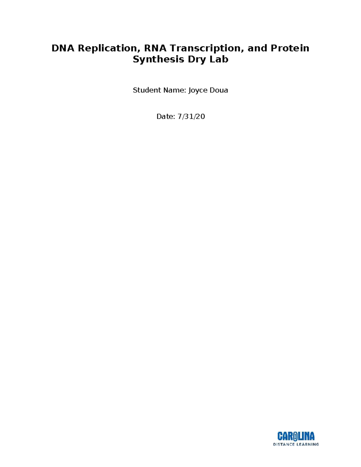 580213 DNA Replication, RNA Transcription & Protein Synthesis Lab Q ...