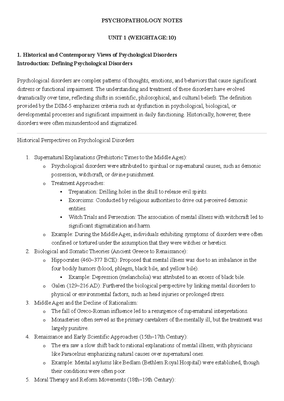 PSYCH 101: Psychopathology Notes - Unit 1 Overview and Historical ...