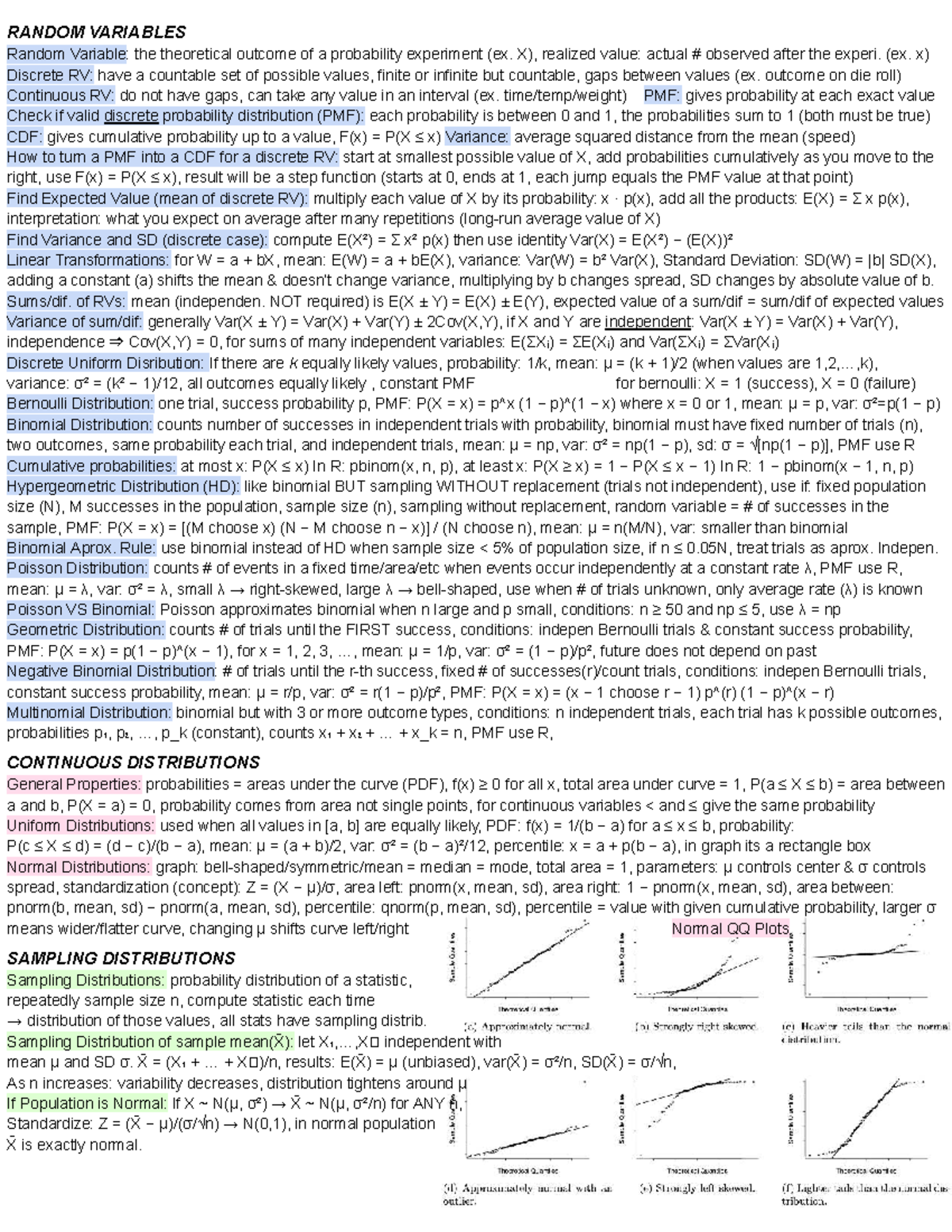 Stats Cheat Sheet: Random Variables & Distributions (Test 2) - Studocu